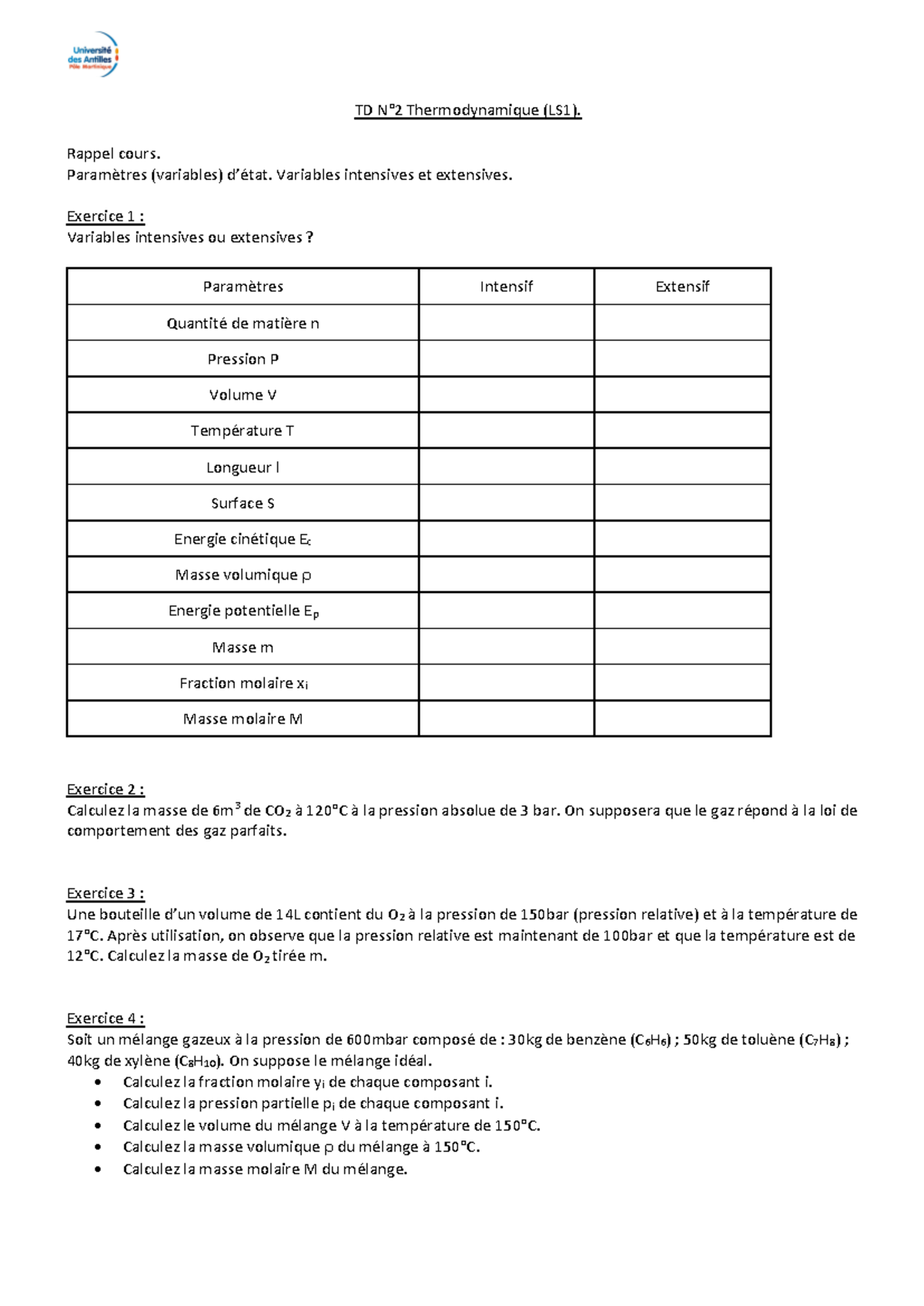 TD 2 Thermodynamique LS1 - TD N°2 Thermodynamique (LS1). Rappel cours. Paramètres (variables ...