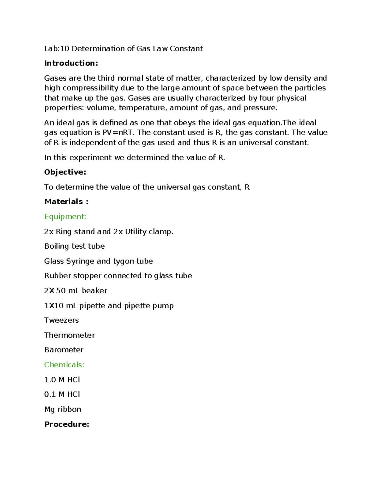 LAB 10 DETERMINATION OF GAS LAW CONSTANT - Lab:10 Determination of Gas ...