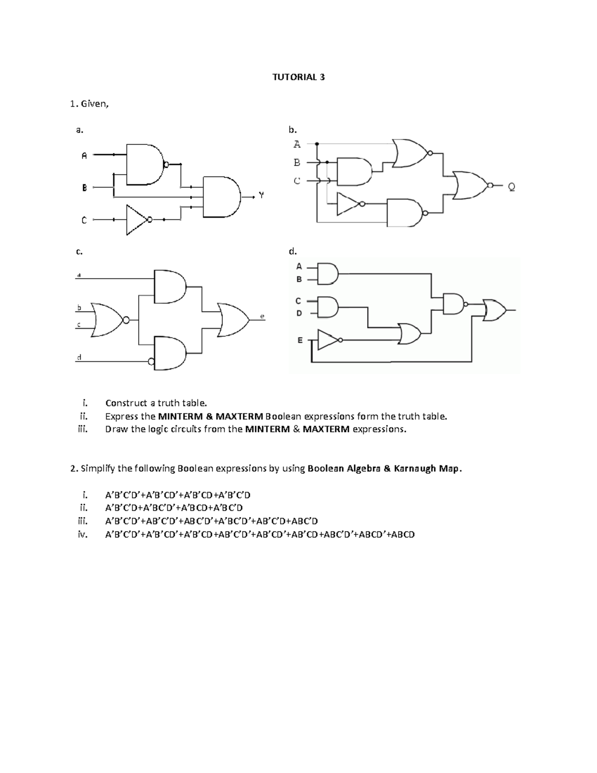 Tutorial 3 - yes - TUTORIAL 3 Given, a. b. c. d. i. Construct a truth ...