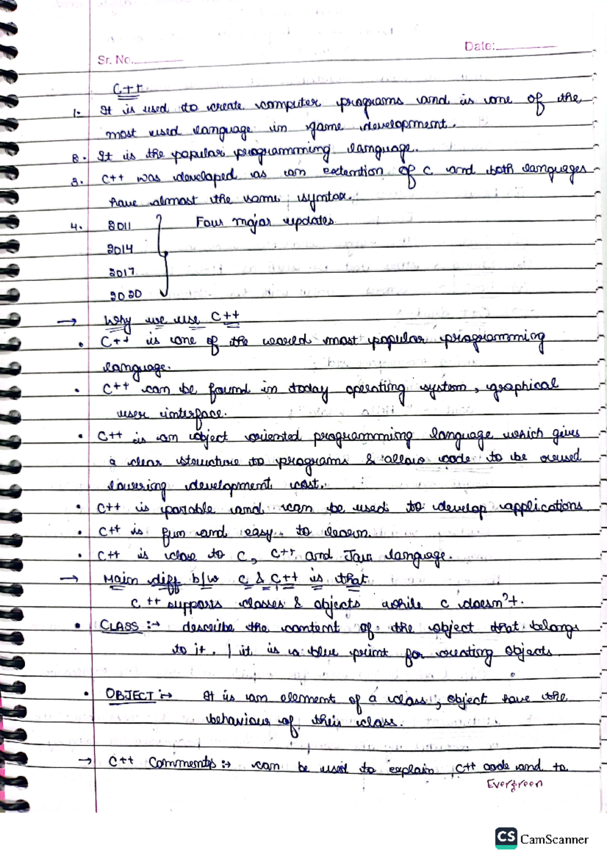 cpp complete oops c++ notes - Date: Sr. No 1. It is used to create ...