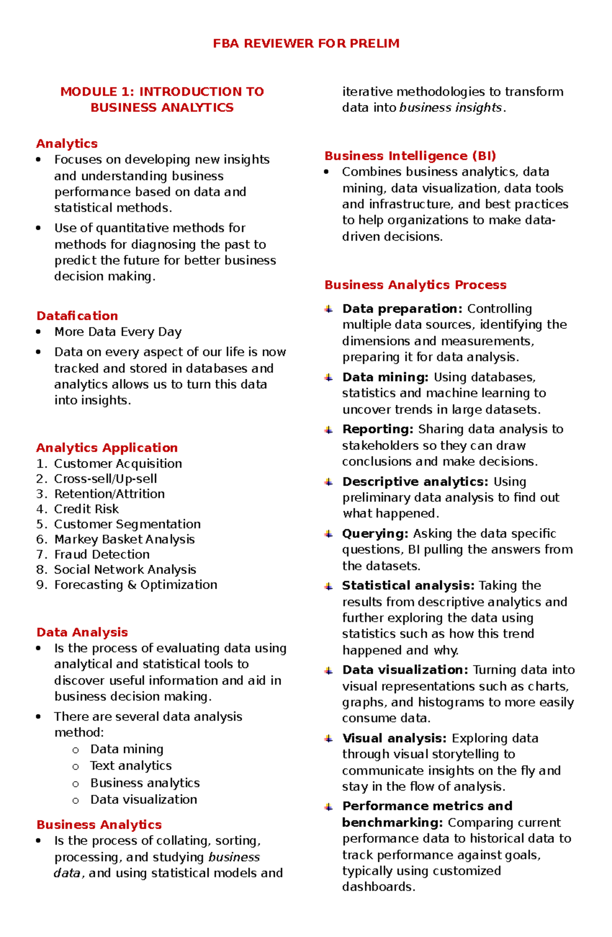 FBA Reviewer for Prelim - FBA REVIEWER FOR PRELIM MODULE 1: INTRODUCTION TO BUSINESS ANALYTICS ...