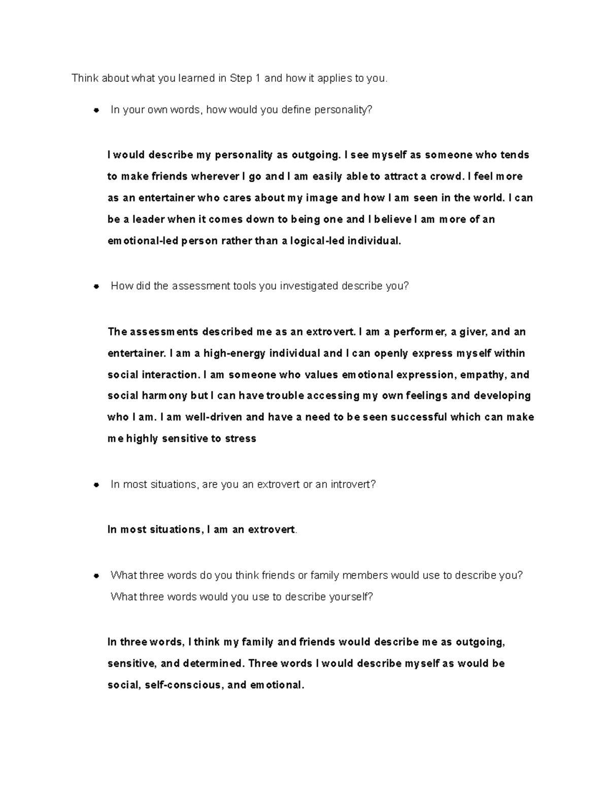 Personality - Assignment for Psychology - Think about what you learned ...