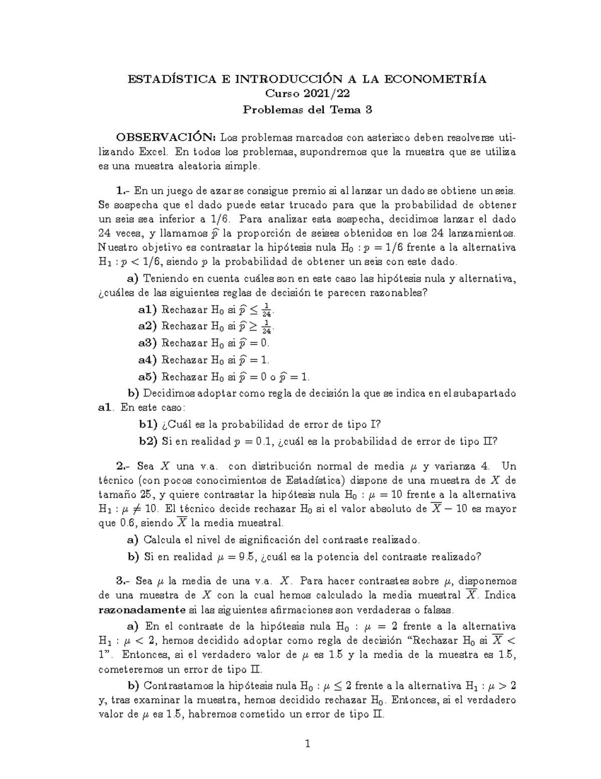 Problemas tema 3 Estadística y Econometría - ESTADÕSTICA E INTRODUCCI”N A LA ECONOMETRÕA Curso ...