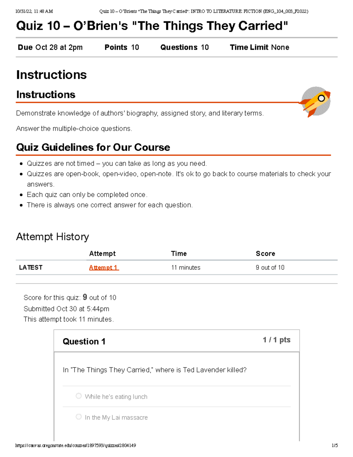 Quiz 10 – O’Brien's The Things They Carried Intro TO Literature Fiction ...
