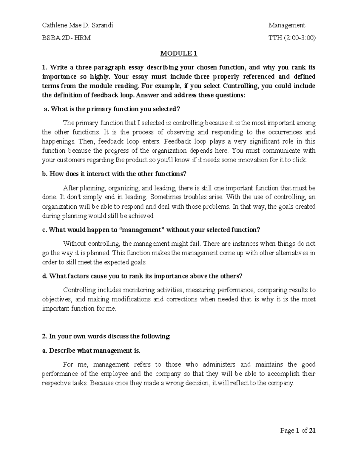 Cathlene Mae D. Sarandi BSBA-2D (Compilation of Activities) - BSBA 2D ...