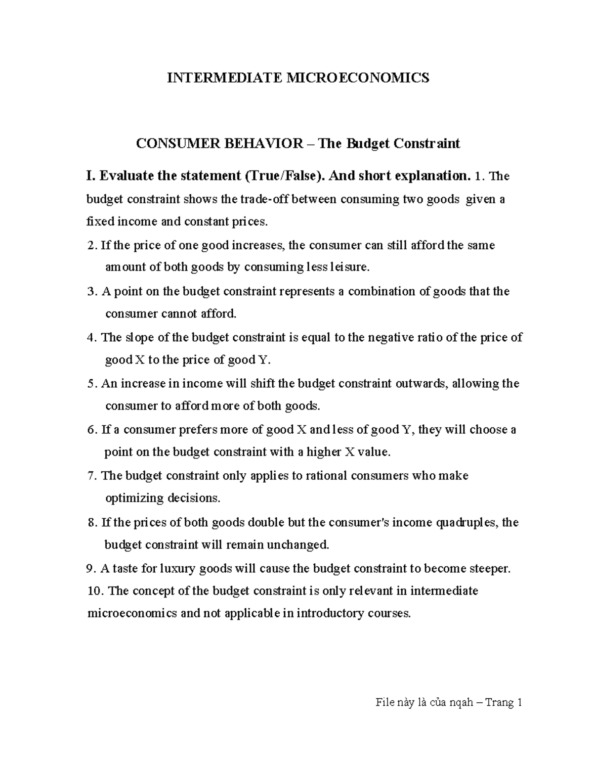 Lesson 1 - Homework - INTERMEDIATE MICROECONOMICS CONSUMER BEHAVIOR ...