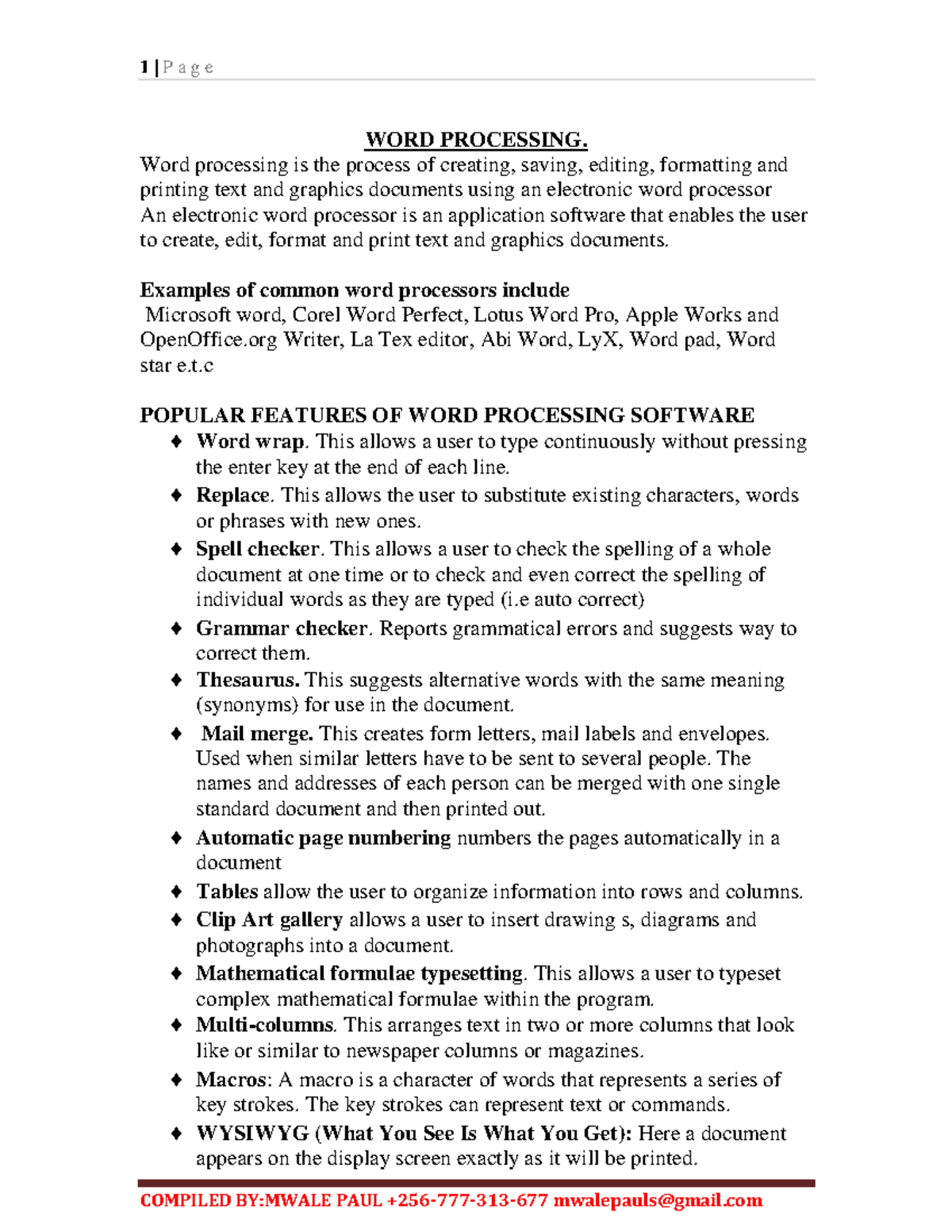 ICT notes for personal use - WORD PROCESSING. Word processing is the ...