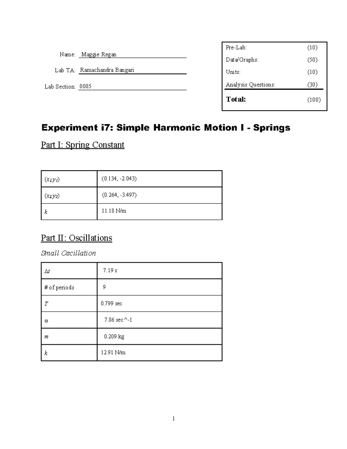 I7 Lab Report - Professor Agur Akgun - 1 Experiment i7: Simple Harmonic ...