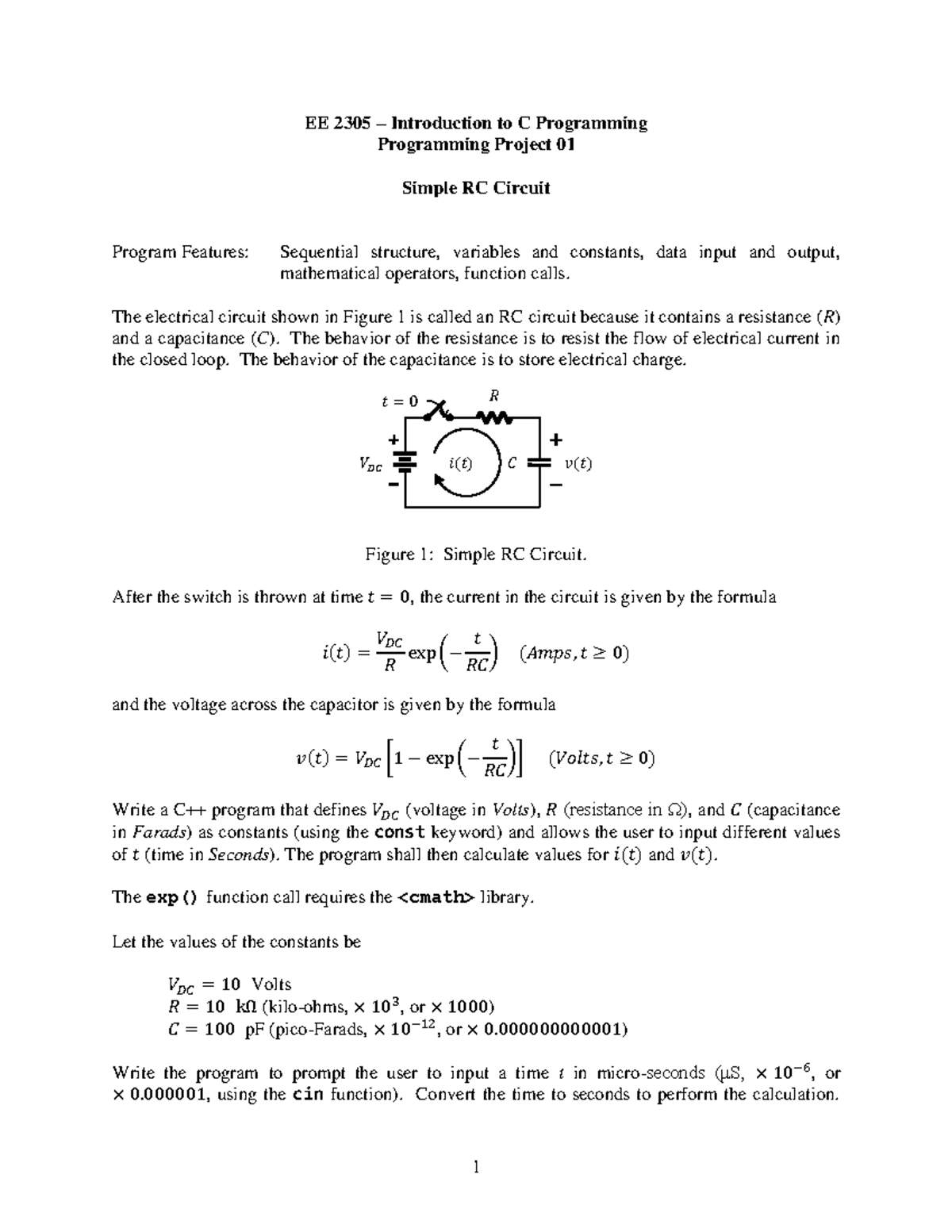 Ece 2305 Project 01 Ee 2305 Introduction To C Programming Programming Project 01 Simple Rc
