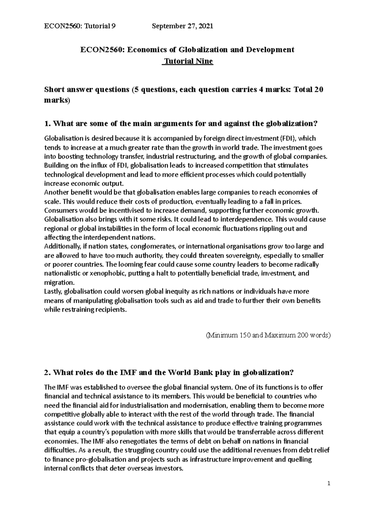 ECON2560 - Tutorial Nine - ECON2560: Tutorial 9 September 27, 2021 ...