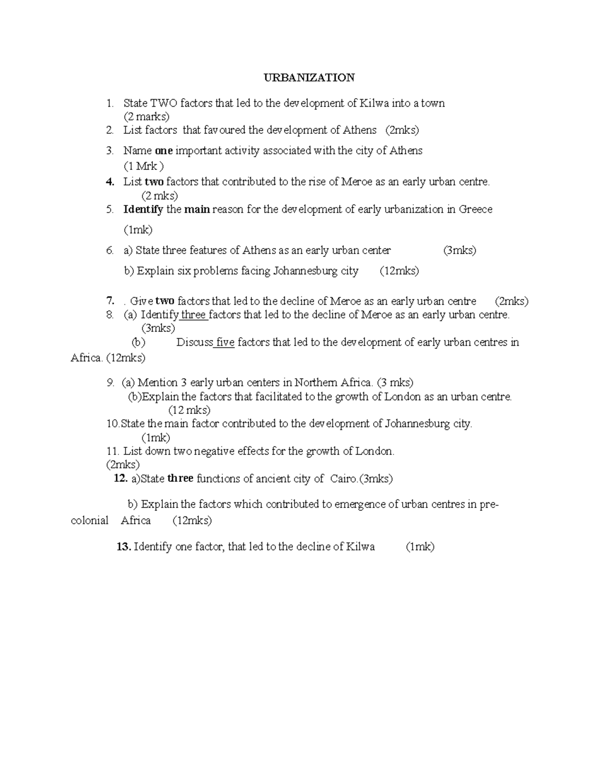 April 2024 Assignments - Form 2 - History - URBANIZATION State TWO ...