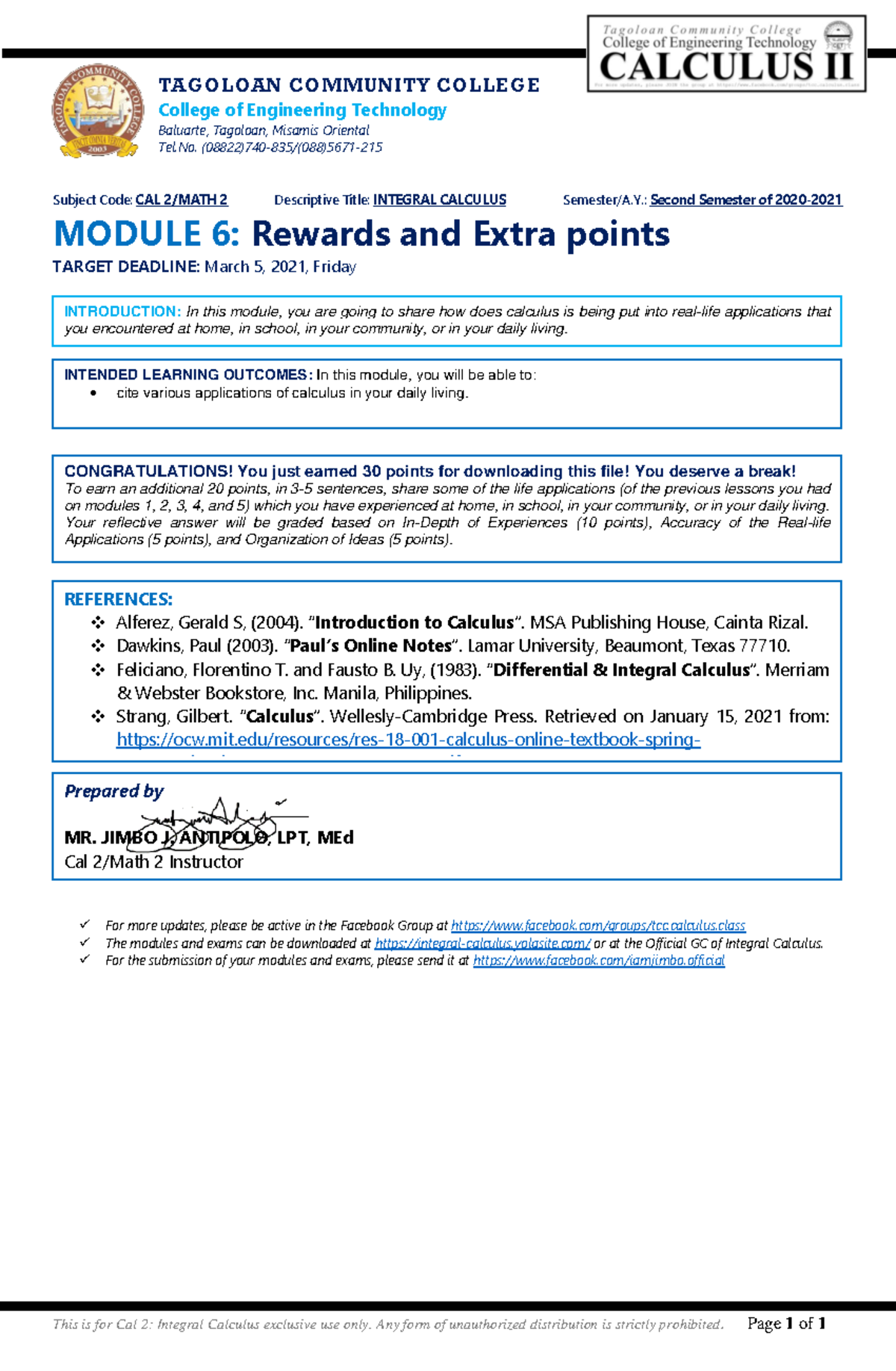 Module 6 of Calculus 2 - Lecture notes 6 - This is for Cal 2: Integral ...