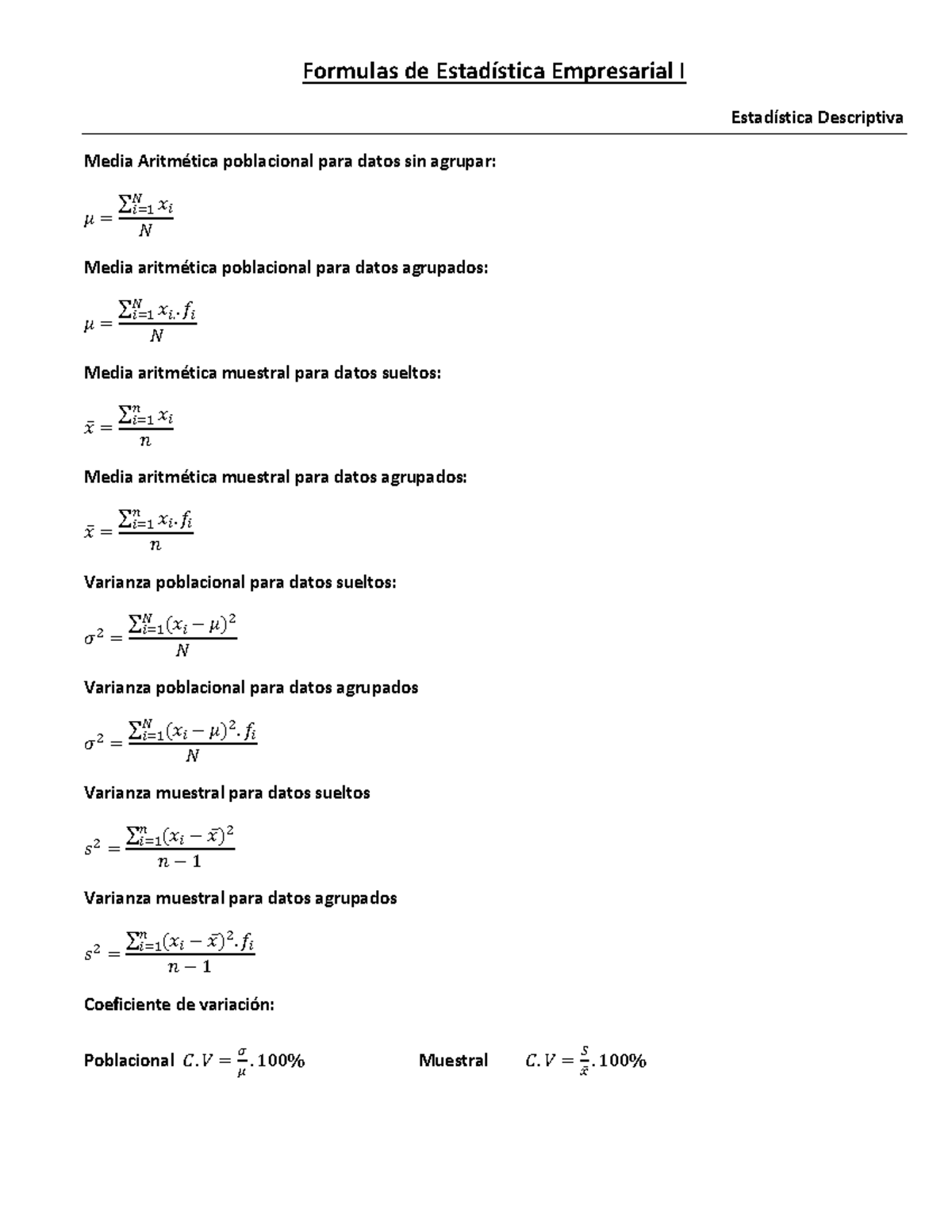Hoja de formulas Estadistica - Formulas de Estadística Empresarial I ...