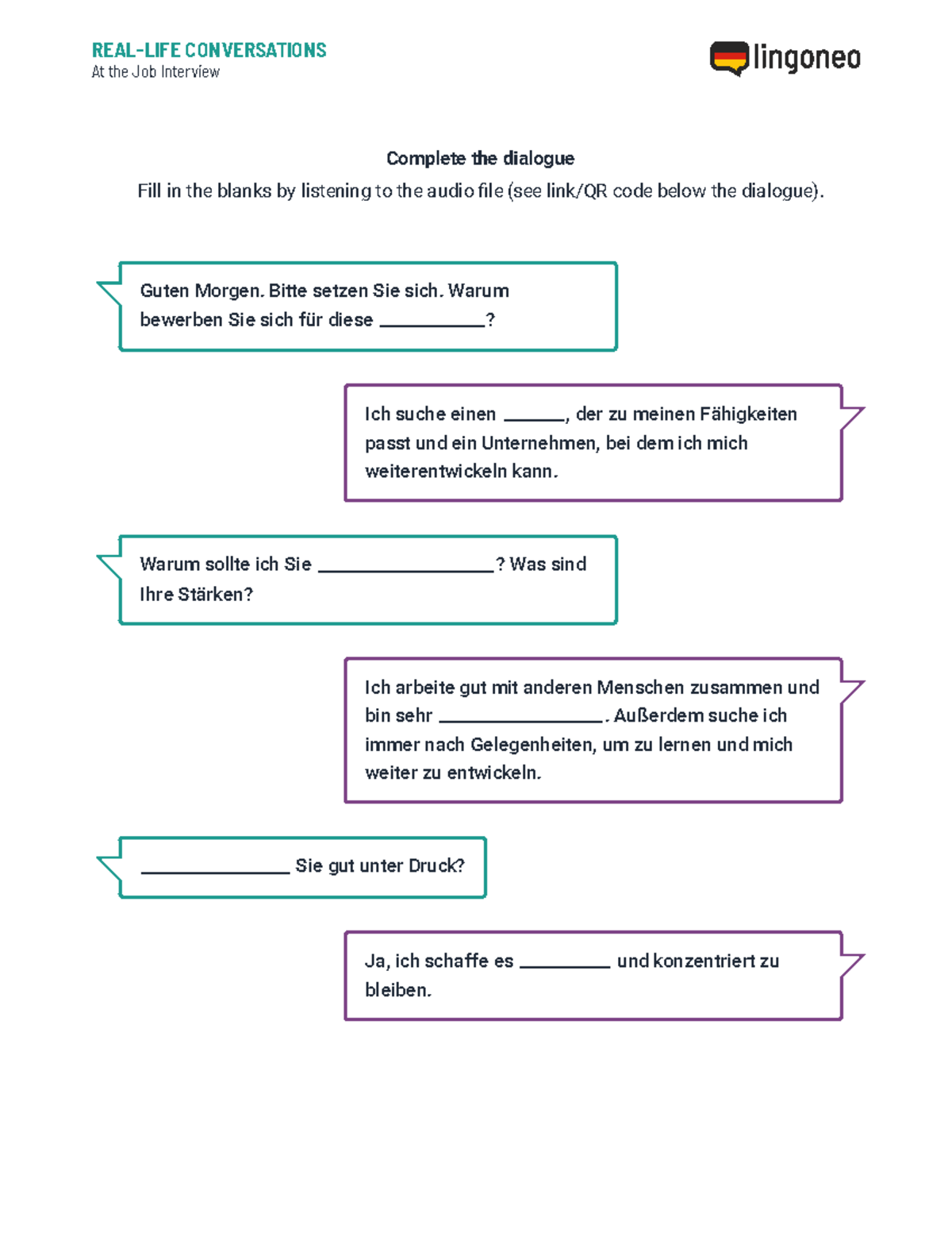 At the Job Interview - Worksheet Dialogue Exercise ( lingoneo.org ...