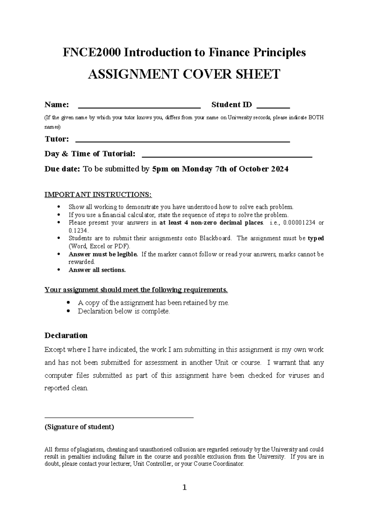 FNCE2000 Assignment Sem2 - FNCE2000 Introduction to Finance Principles ...