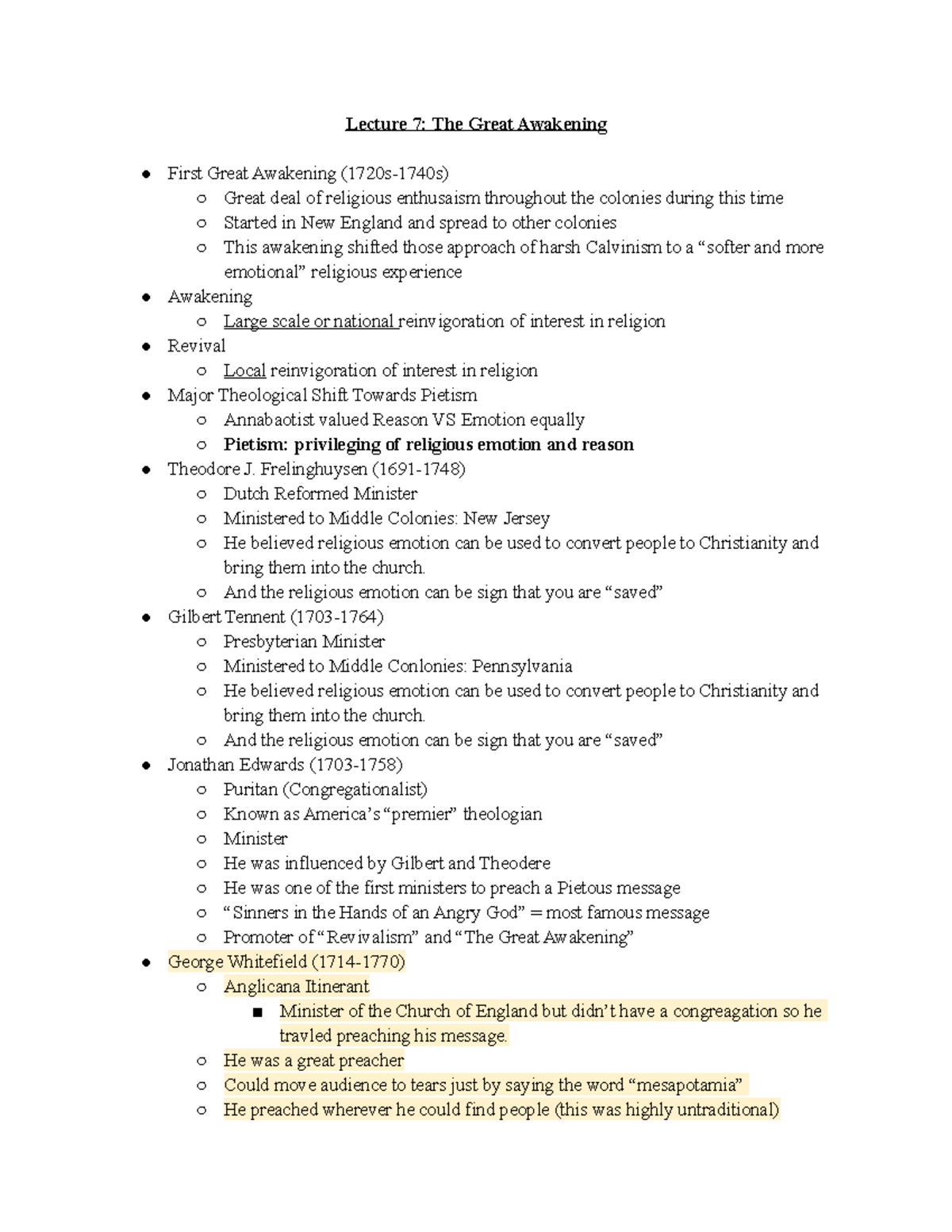 Lecture 7 Reading Notes - Lecture 7: The Great Awakening First Great ...