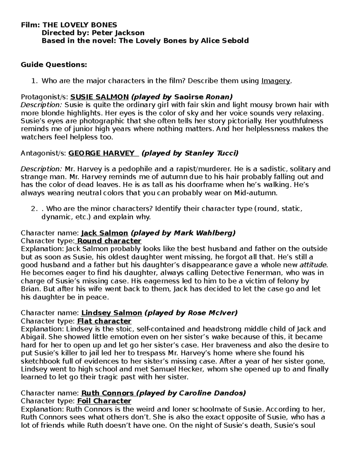 Fiction Elements - Film: THE LOVELY BONES Directed by: Peter Jackson ...