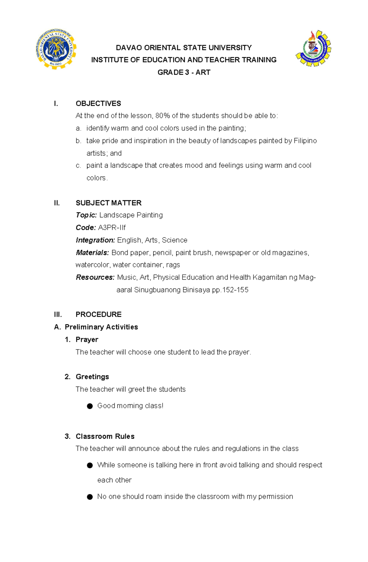 A LESSON PLAN FOR ART SUBJECT FOR GRADE 3 LEVEL. SAMPLE LESSON PLAN ...