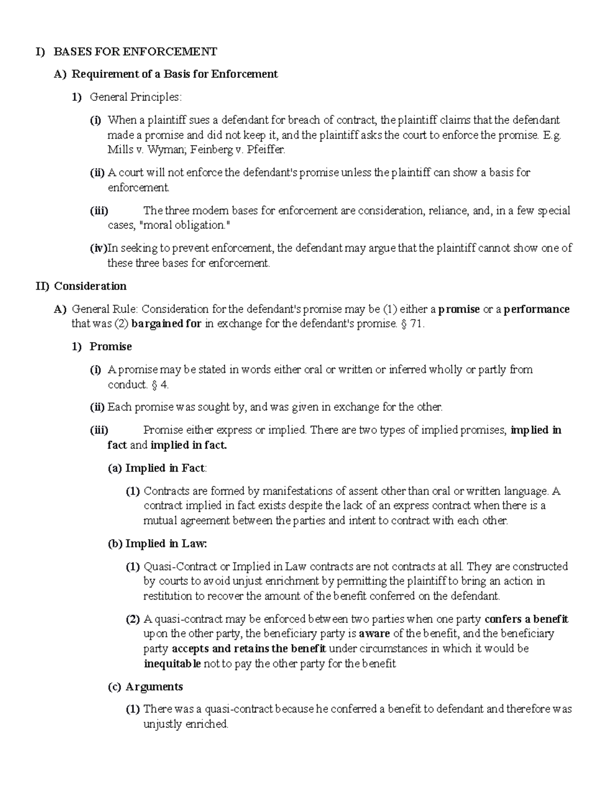 Contracts I Outline - I) BASES FOR ENFORCEMENT A) Requirement of a ...
