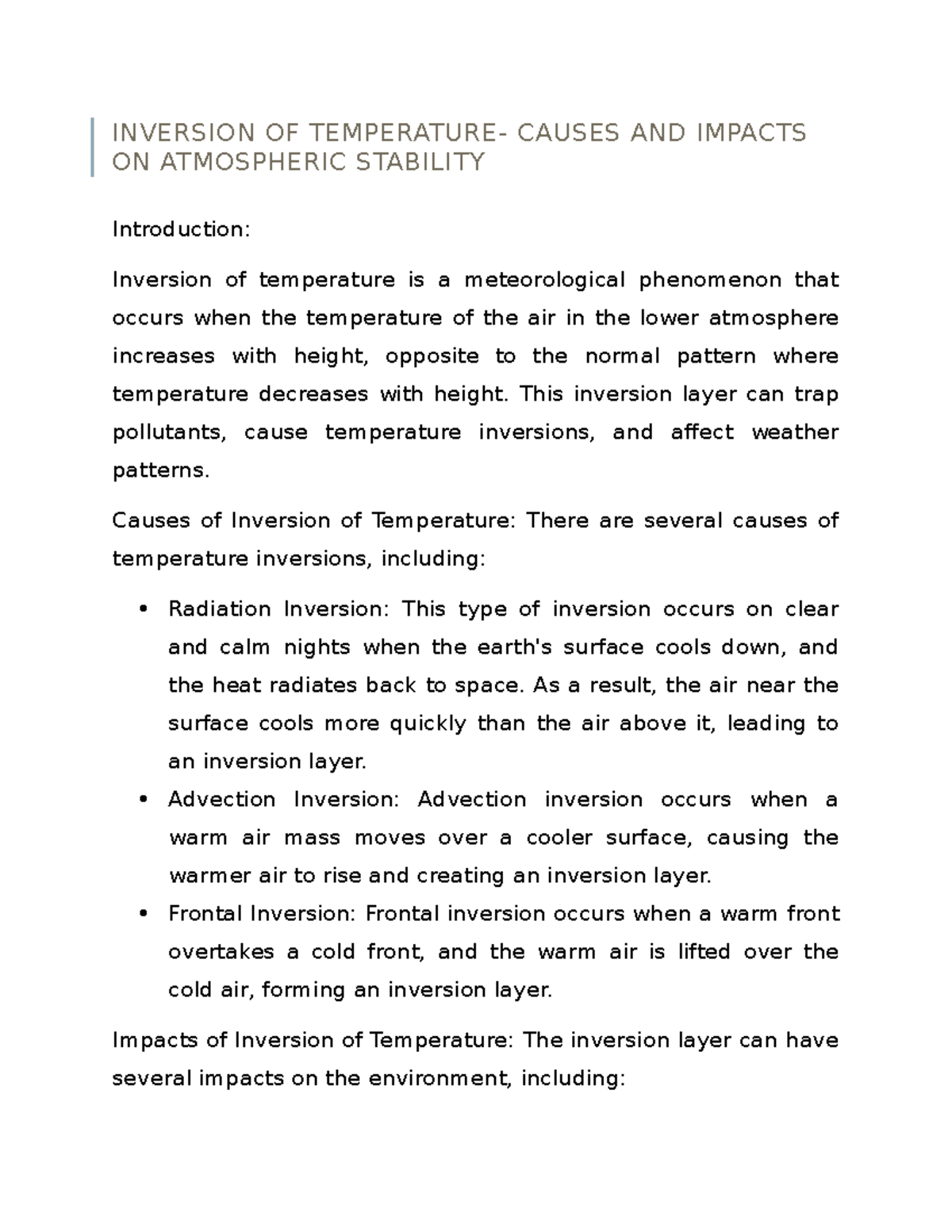 Inversion OF Temperature- Causes AND Impacts ON Atmospheric Stability ...