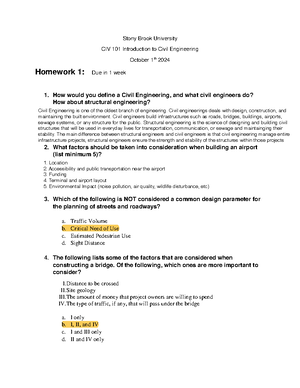 CIV 101 - Homework 2 - water/water waste - Stony Brook University CIV 101 Introduction to - Studocu