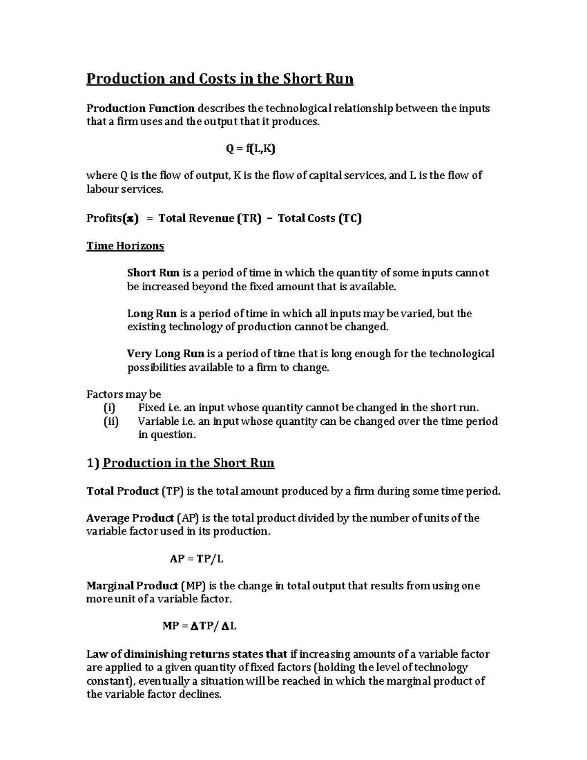 Production and Costs in Short Run - Production and Costs in the Short ...