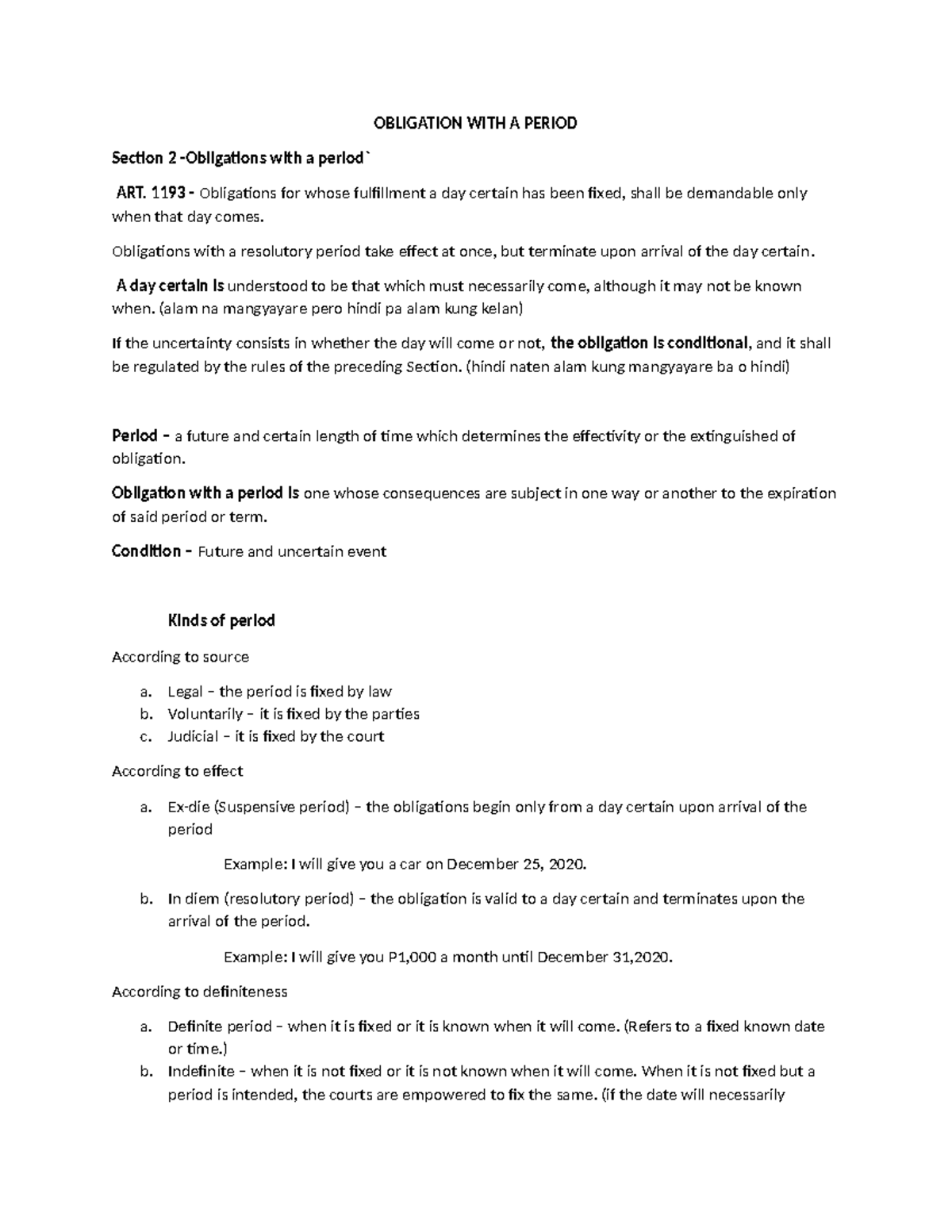 LAW ON Obligations AND Contract prefinals - OBLIGATION WITH A PERIOD ...
