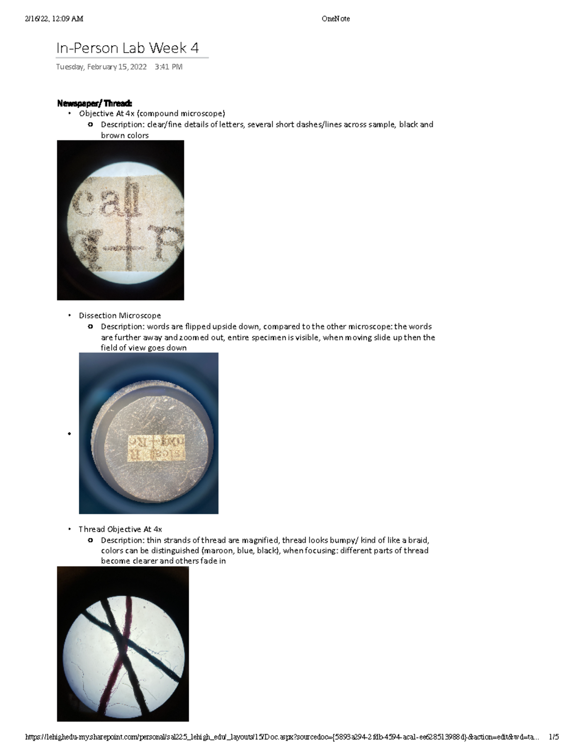 Microscope lab - In-Person Lab Week 4 Tuesday, February 15, 2022 3:41 PM Newspaper/ Thread ...