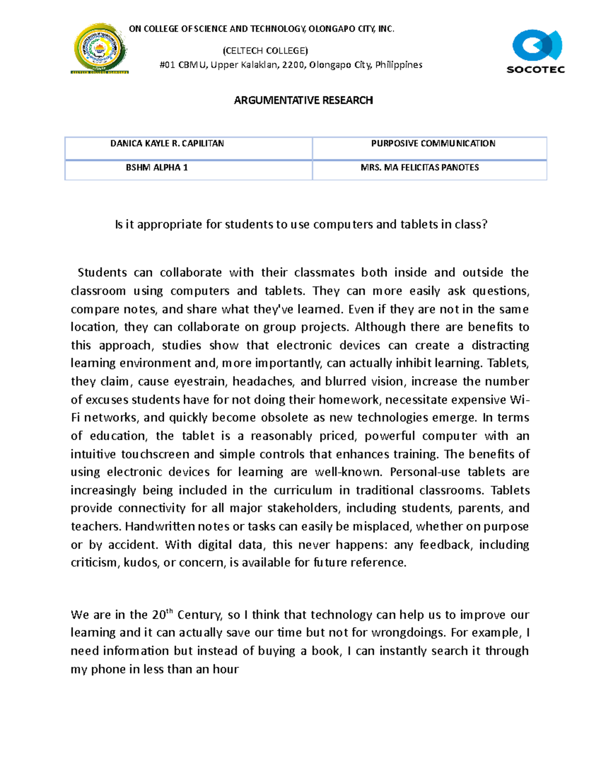 Argumentative Essay and vlog - (CELTECH COLLEGE) #01 CBMU, Upper ...