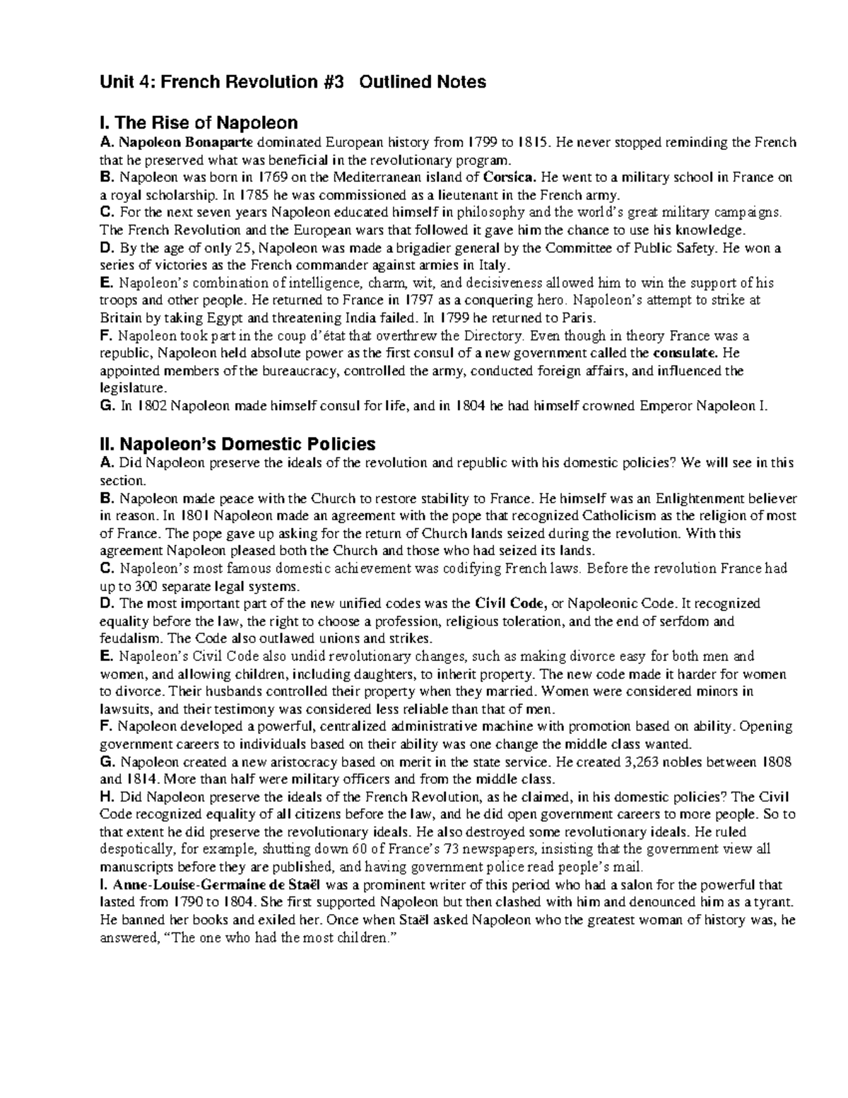French Revolution Outline Notes 3 - The Rise of Napoleon A. Napoleon ...