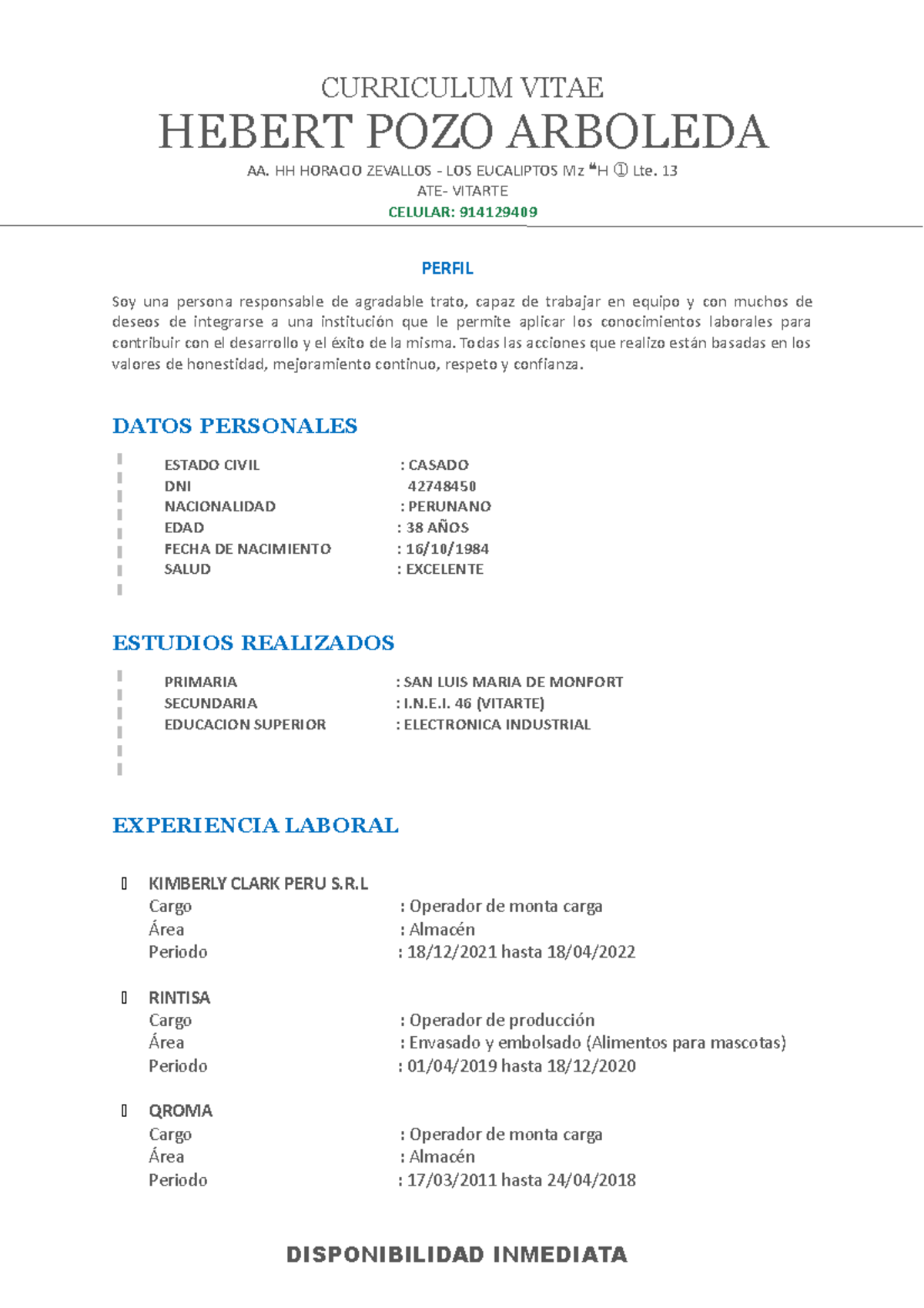 Curriculum Vitae M - c urrculum - CURRICULUM VITAE HEBERT POZO ARBOLEDA AA. HH HORACIO ZEVALLOS ...