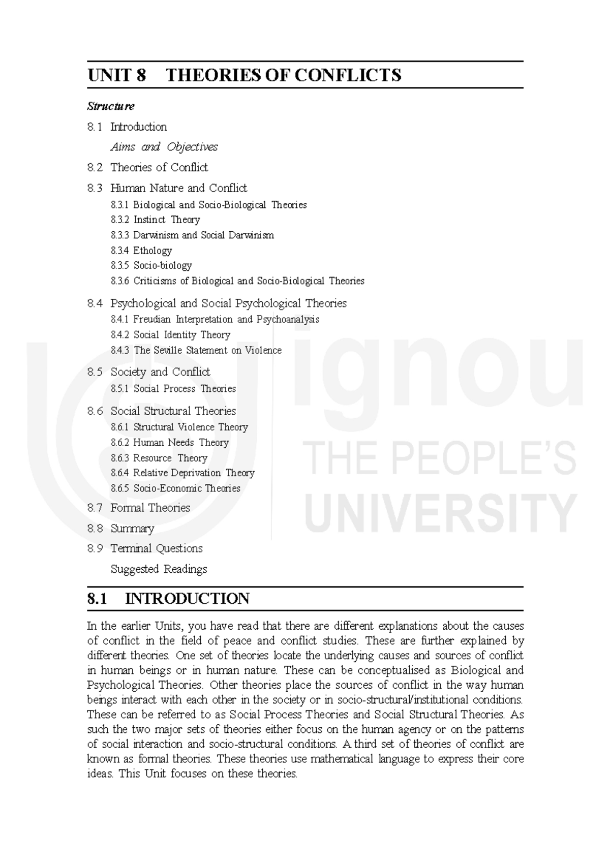 Unit-8 - UNIT 8 THEORIES OF CONFLICTS Structure 8 Introduction Aims and Objectives 8 Theories of ...
