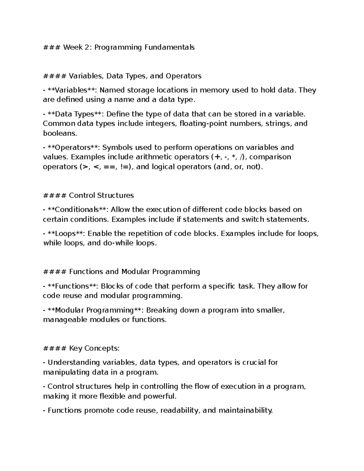 Week 2 Week 2 Notes Week 2 Programming Fundamentals Variables Data Types And Operators