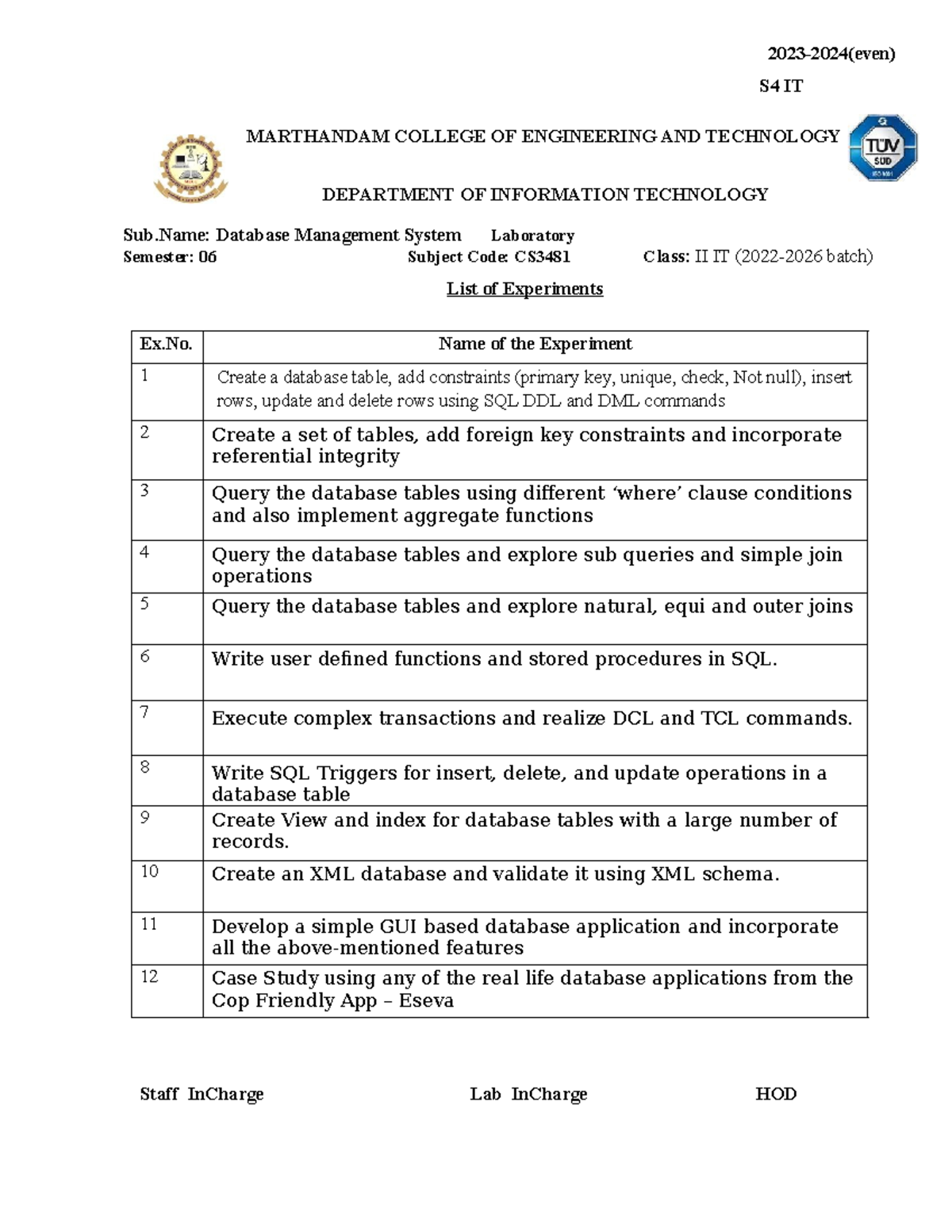 Experiment - question - 2023-2024(even) S 4 IT MARTHANDAM COLLEGE OF ...