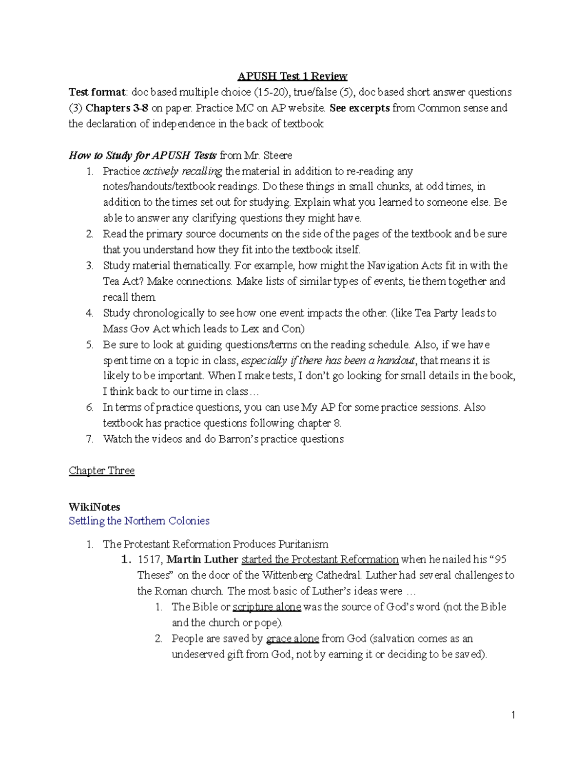 Test 1 Review apush - Summary American Colonial History - APUSH Test 1 ...