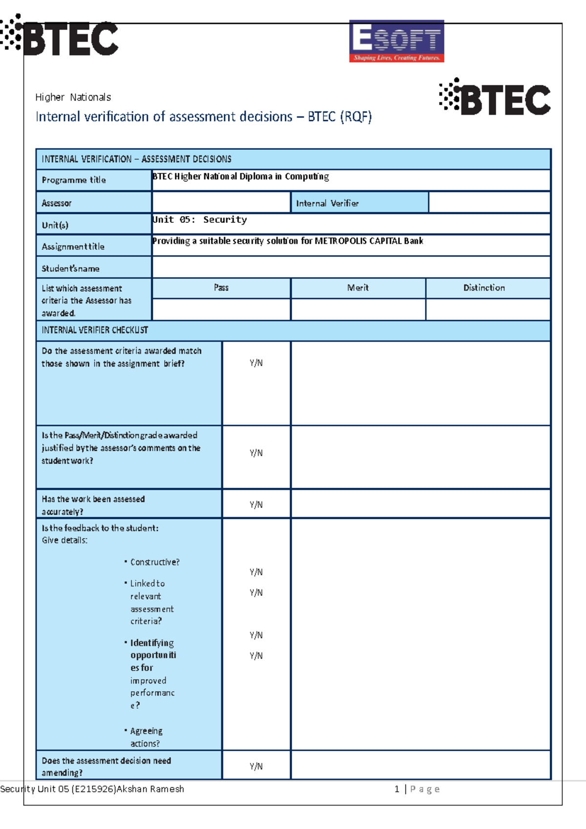 Security assignment - Higher Nationals Internal verification of assessment decisions – BTEC (RQF ...
