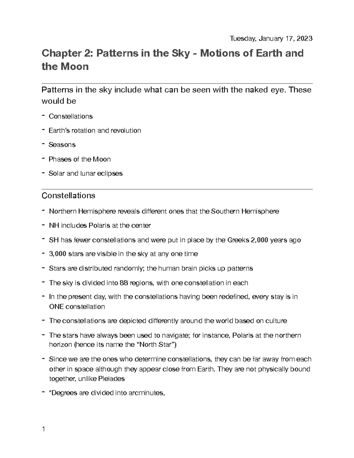 Astronomy Lecture #3 - Tuesday, January 17, 2023 Chapter 2: Patterns in ...