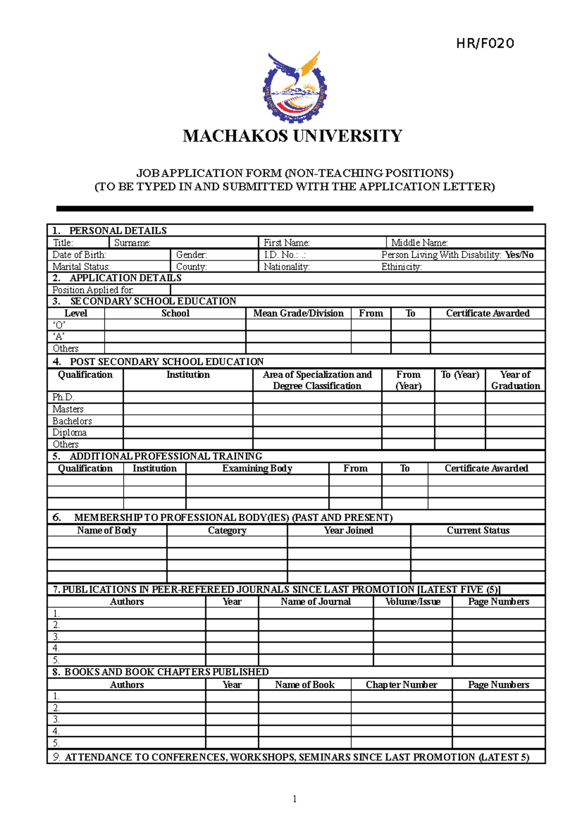 JOB Application FORM NON Teaching - HR/F MACHAKOS UNIVERSITY JOB ...