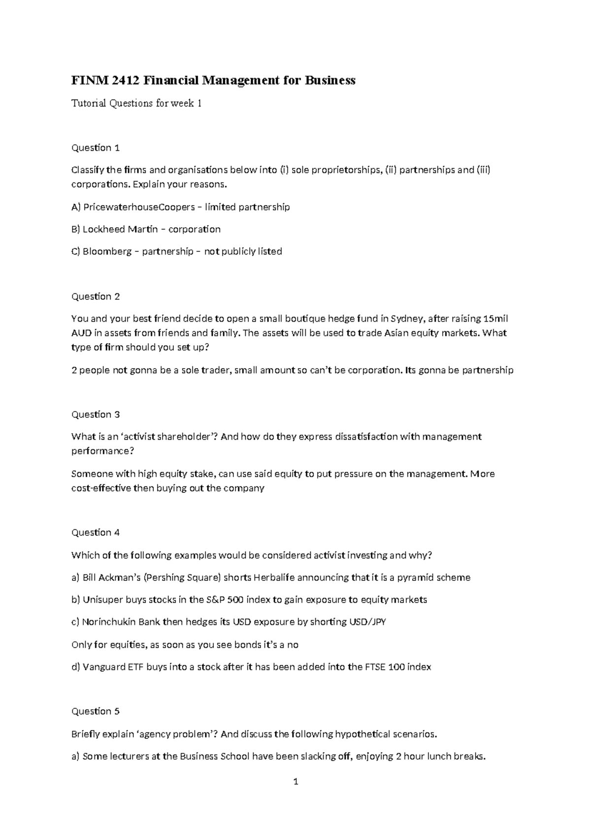 Week 1 Tutorial Questions - FINM 2412 Financial Management for Business Tutorial Questions for ...