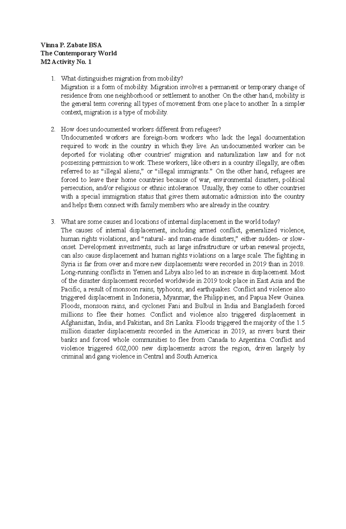 Zabate FM1 Activity 2 - Migration and Mobility - Vinna P. Zabate BSA The Contemporary World M2 ...