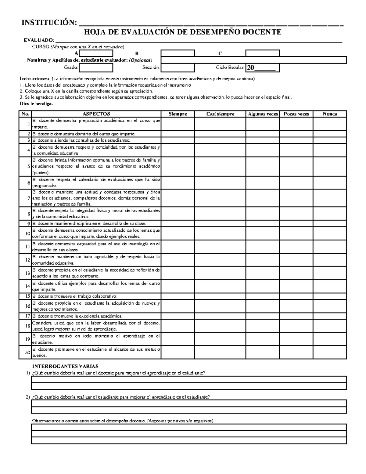 Ejemplo DE HOJA DE Evaluación DE Desempeño Docente - INSTITUCIÓN: - Studocu