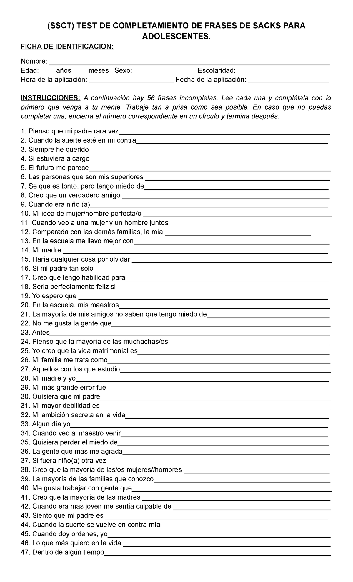 Test-Sacks-Adolescentes - (SSCT) TEST DE COMPLETAMIENTO DE FRASES DE ...