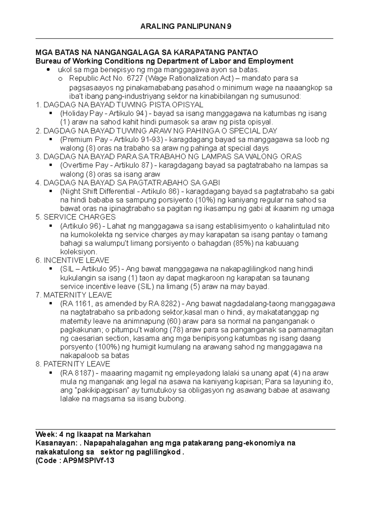Batas o Programa sa Sektor ng Paglilingkod - MGA BATAS NA NANGANGALAGA ...