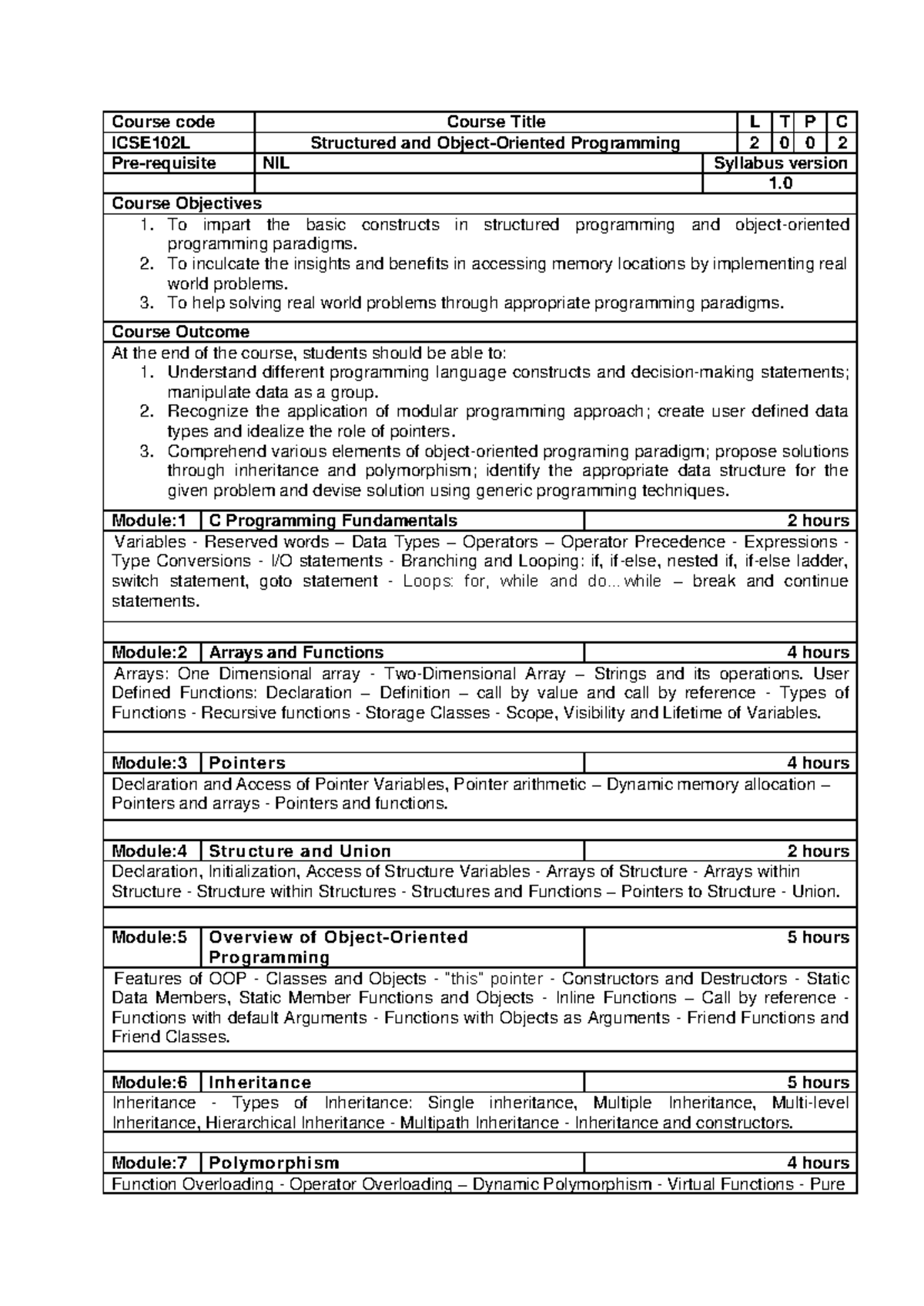 Icse102l Structured And Object Oriented Programming Th 1 Course