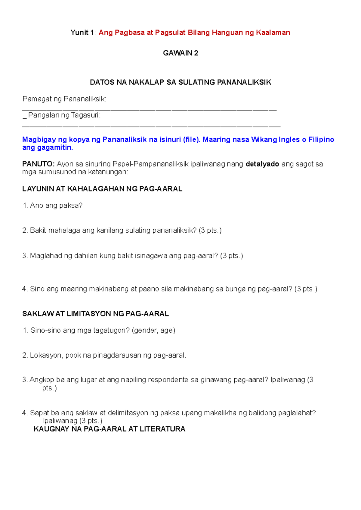 Gawain 2 pptp - Yunit 1: Ang Pagbasa at Pagsulat Bilang Hanguan ng ...