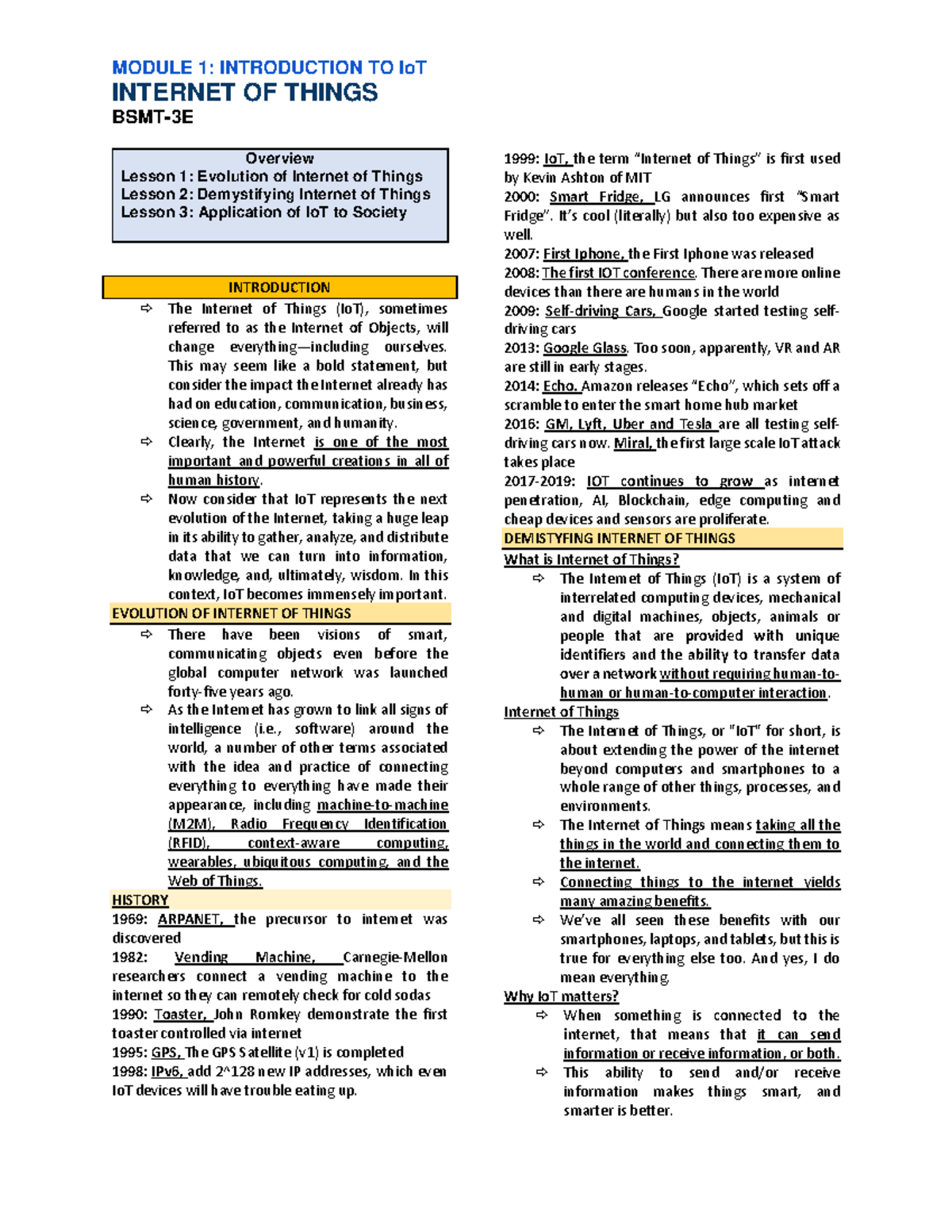 Module-1 - MODULE 1 TRANS NOTES - INTERNET OF THINGS BSMT- 3 E Overview ...