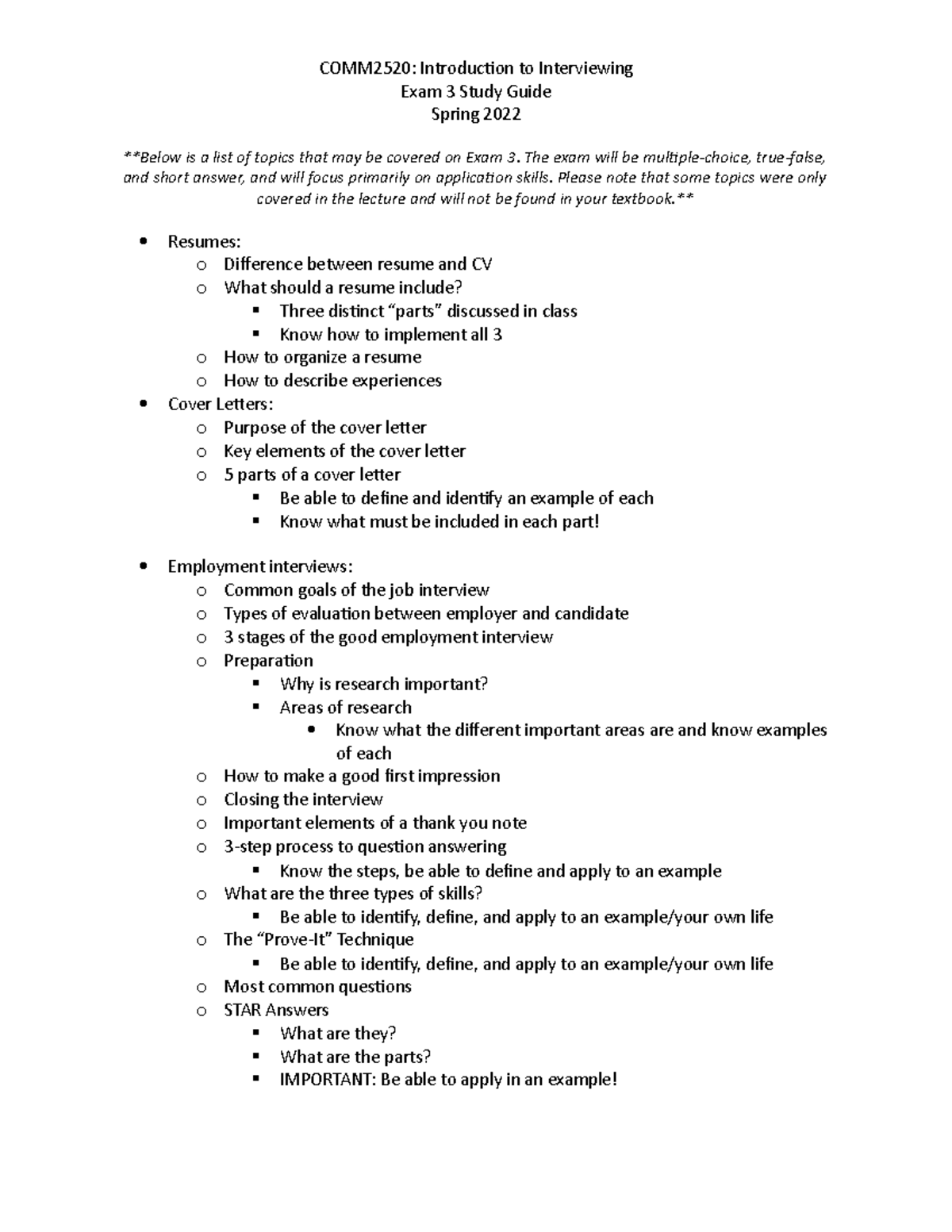 Exam 3 Study Guide - COMM2520: Introduction to Interviewing Exam 3 ...