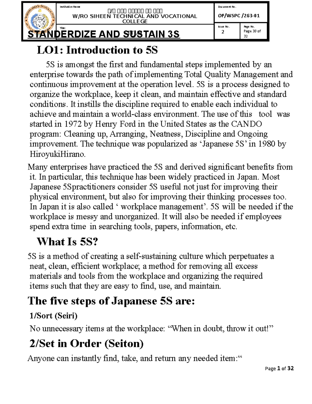 Standerdize AND Sustain 3S Edited FO itsm l5 2013 entry - OF/WSPC /263 ...