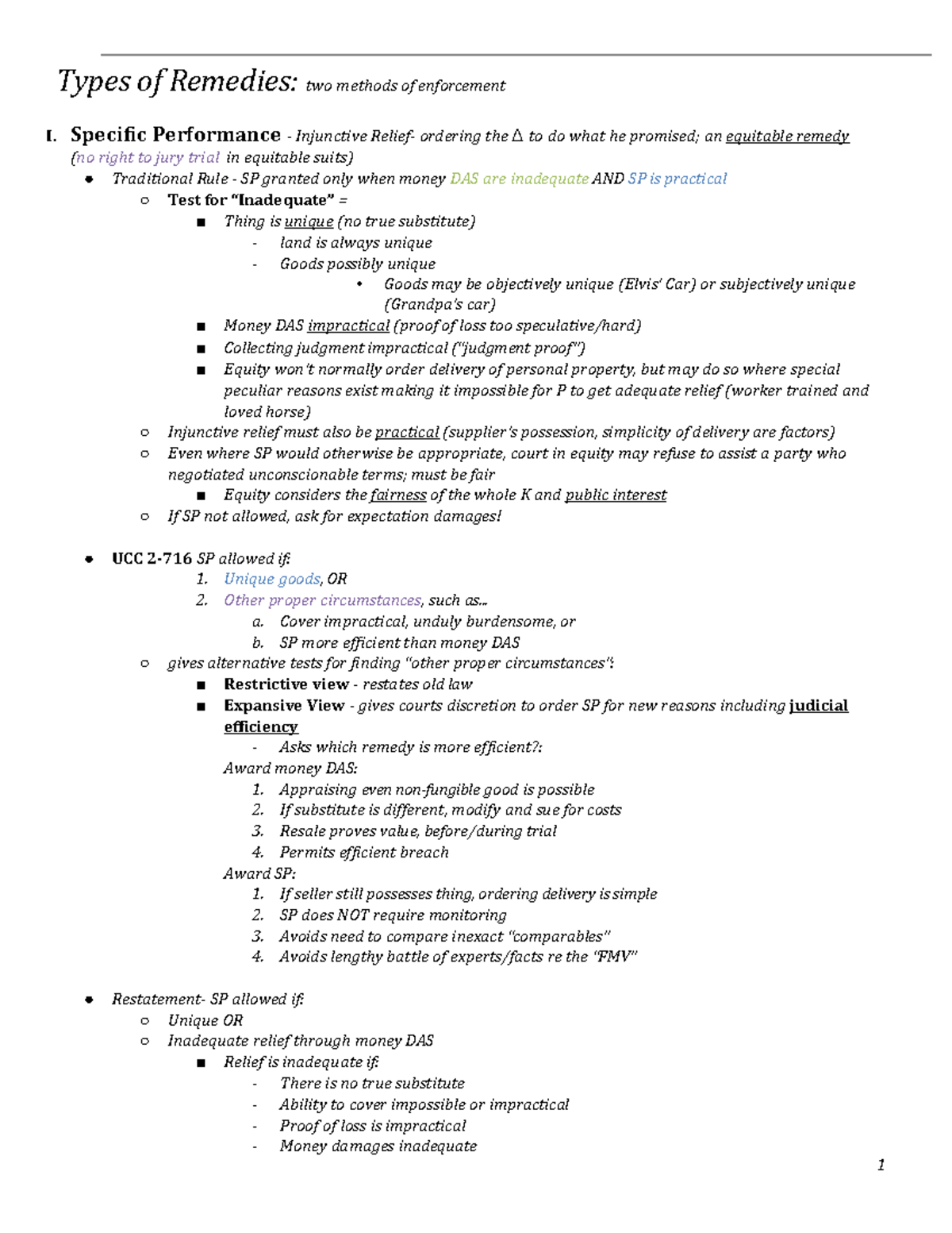 SU 21 - Contracts II - Sample Reference Outline - Types of Remedies ...