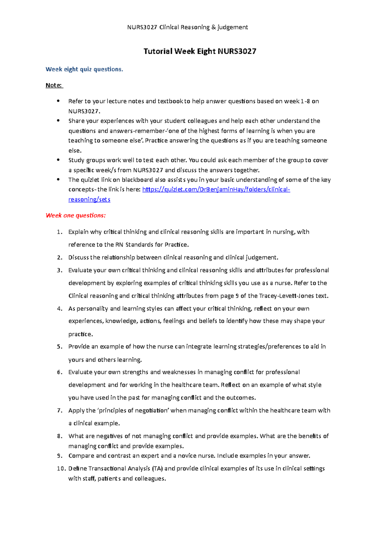 Tutorial quiz sheet Week Eight NURS3027 - Tutorial Week Eight NURS Week ...